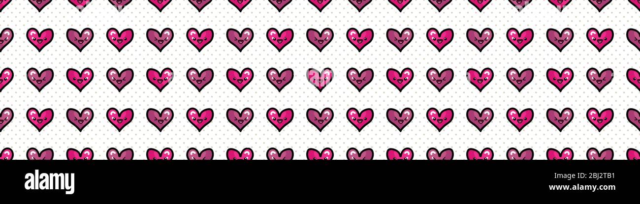 Cute hearts with kawaii face seamless vector border. Hand drawn ...
