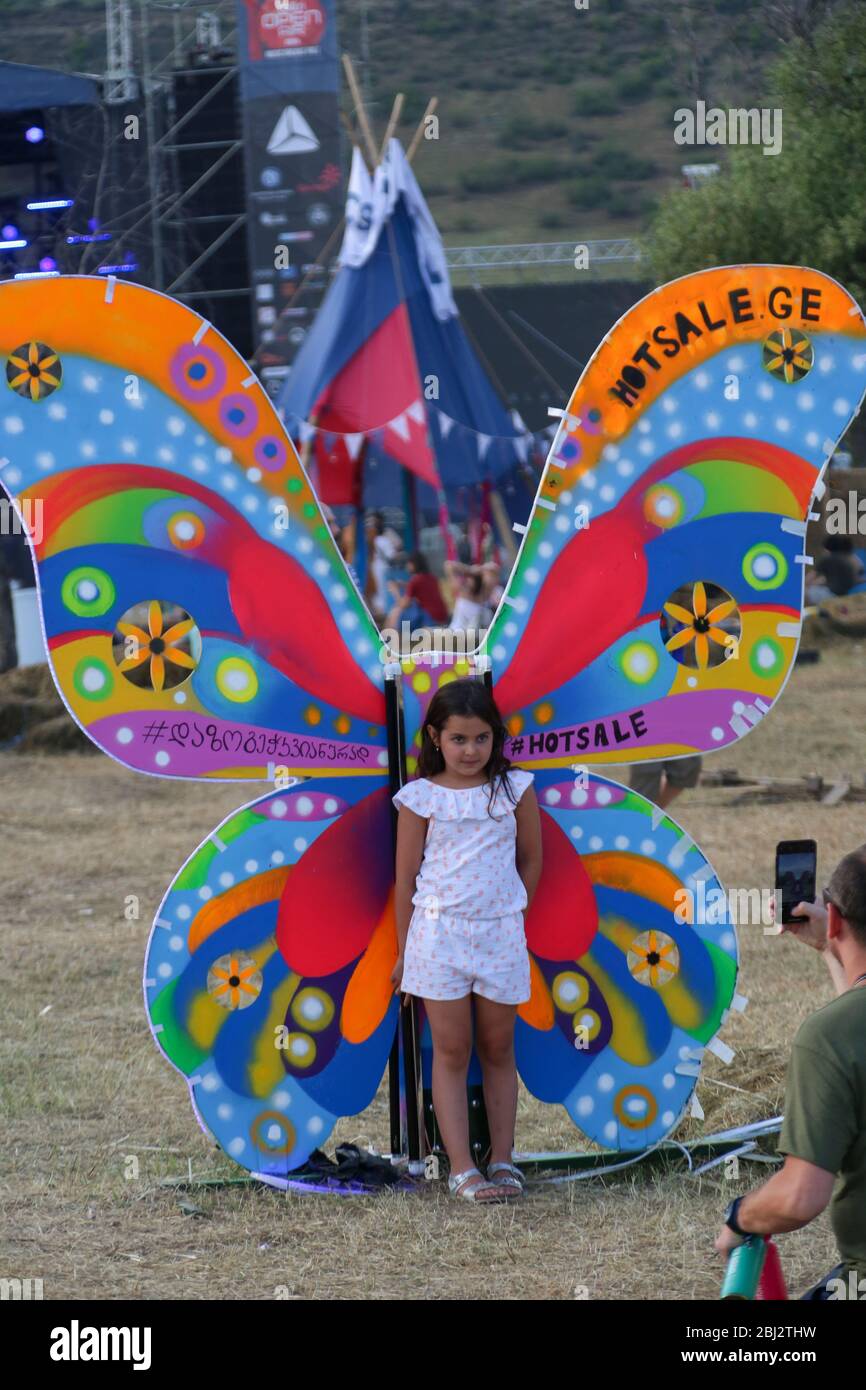 Audience with hands raised at a music festival and lights streaming ...