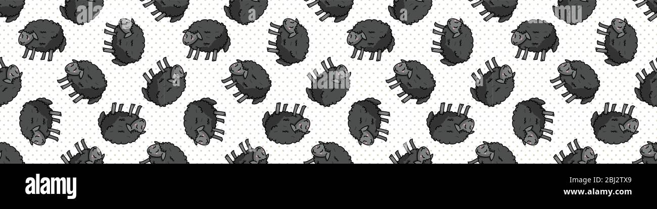 Cute black sheep cartoon seamless vector border. Hand drawn agriculture ...