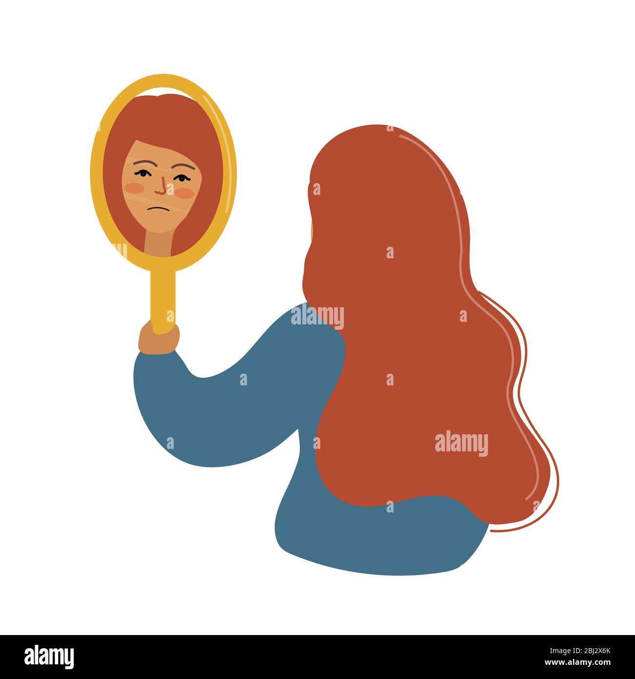 A girl with a sad face looks in the mirror. Bad mood, disappointment ...