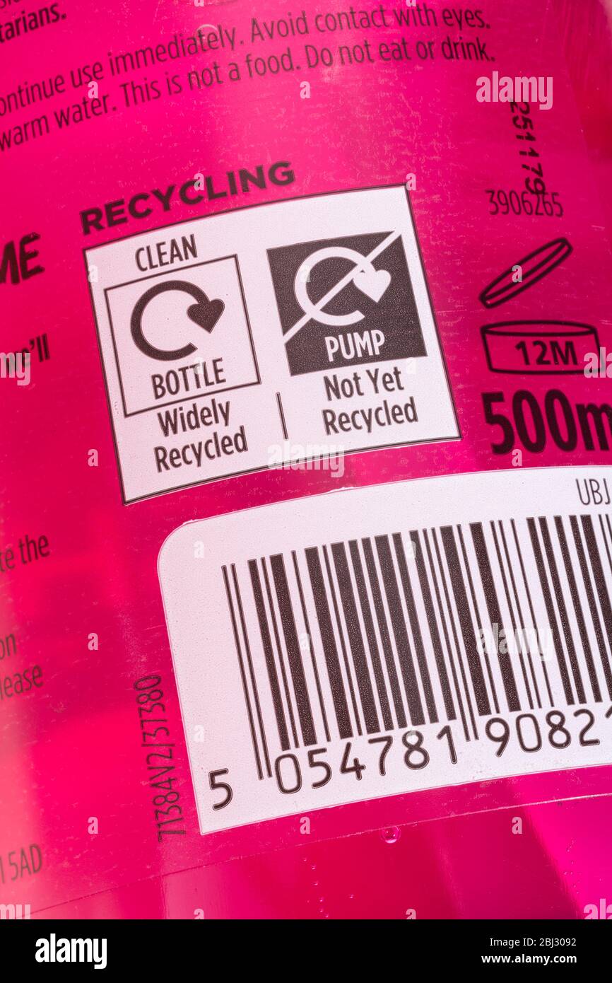 Macro close-up of ASDA hand wash bottle showing plastic recycling ...