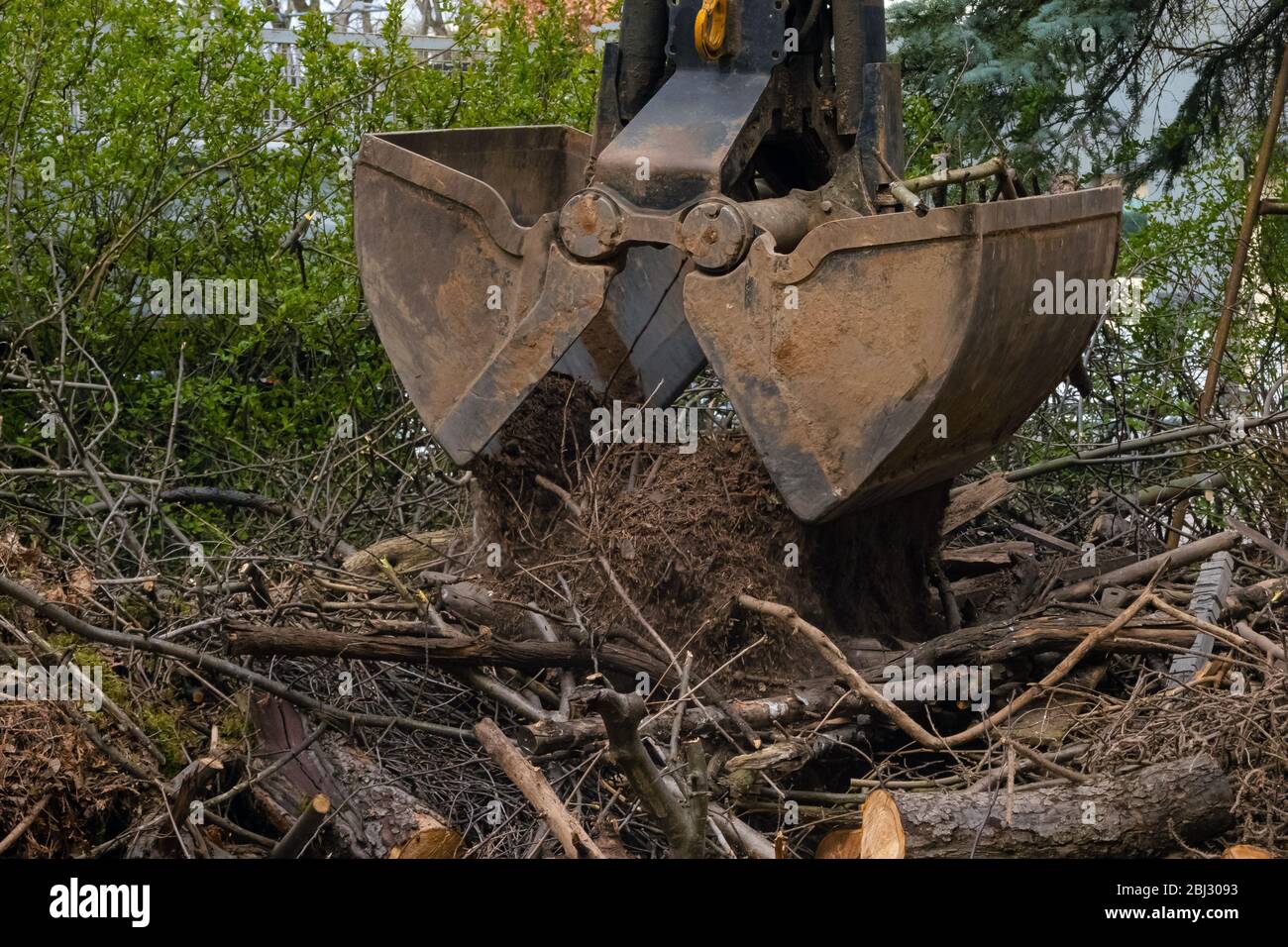 Heavy industrial machine scoop wooden branches and dirt of the ground ...