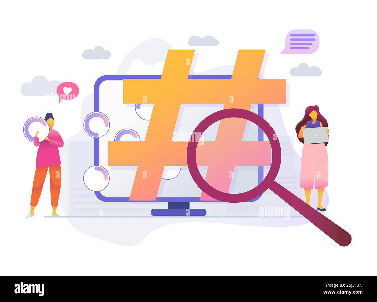 Cartoon icon with hashtag with characters. Viral marketing, trends ...