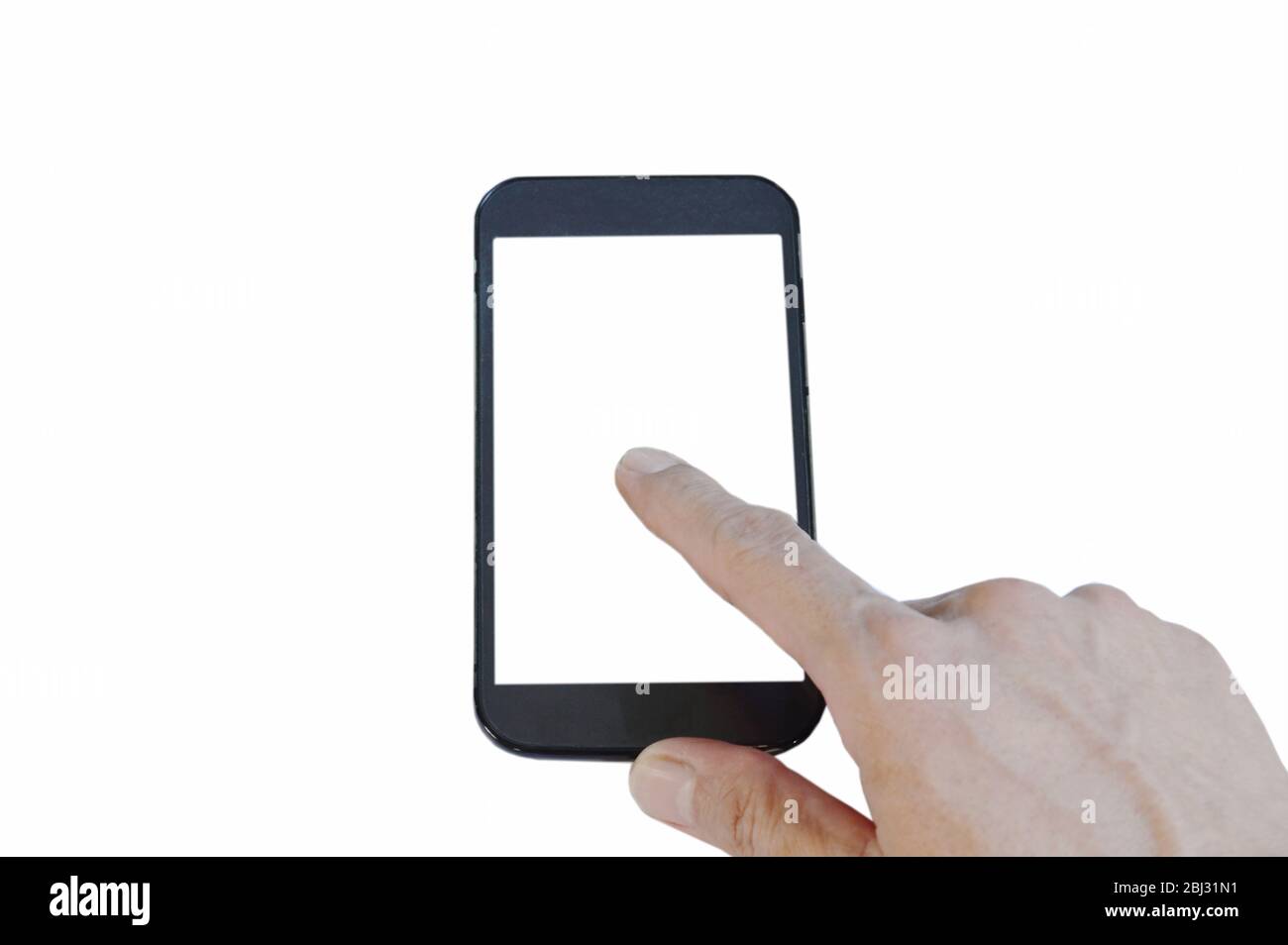 mobile phone with finger pointing on touch screen in white background ...