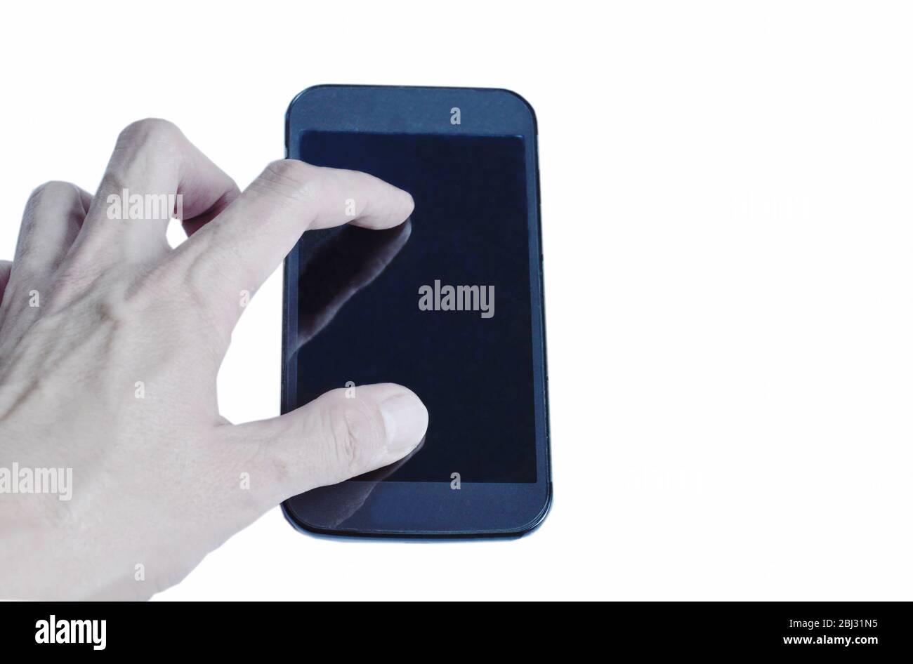 mobile phone with finger stretching in white background Stock Photo - Alamy