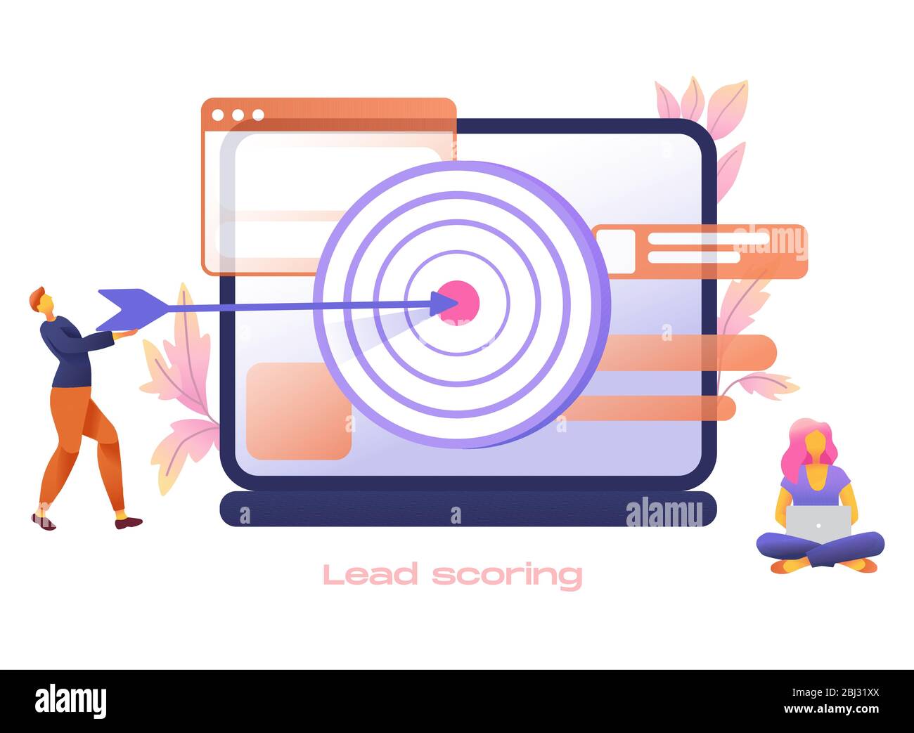 Businessman leader with huge target and woman, teamwork, vector flat ...
