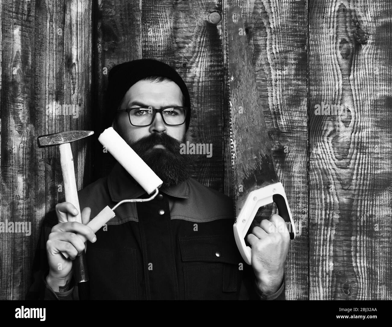 bearded painter, long beard, brutal caucasian hipster with moustache ...