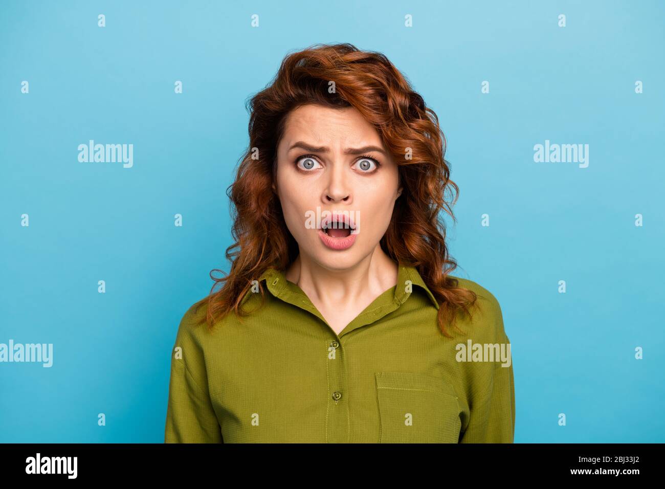 It cant be me. Astonished angry woman hear her boss blame for her work ...