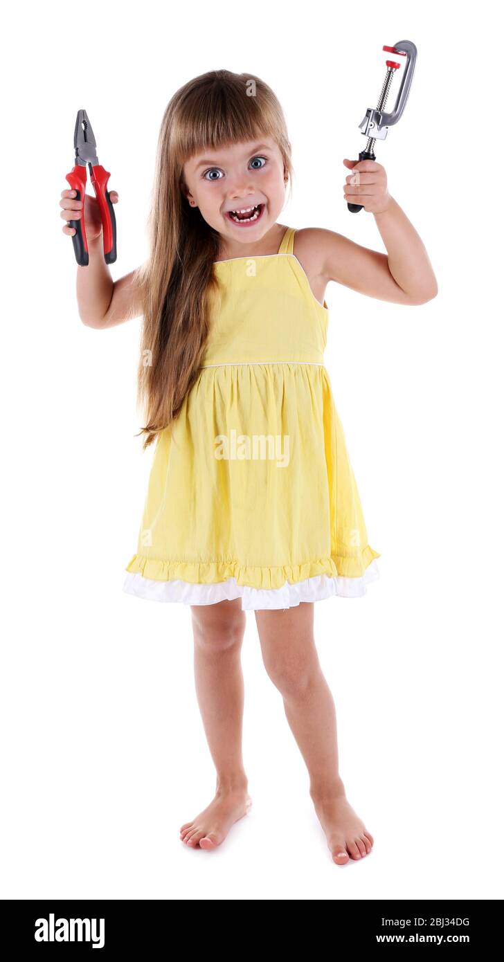 Little girl with toy tools isolated on white Stock Photo - Alamy