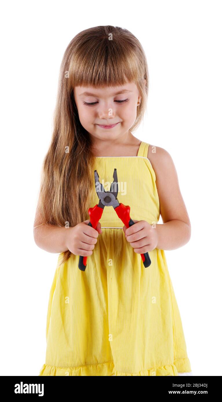 Little girl with toy tools isolated on white Stock Photo - Alamy