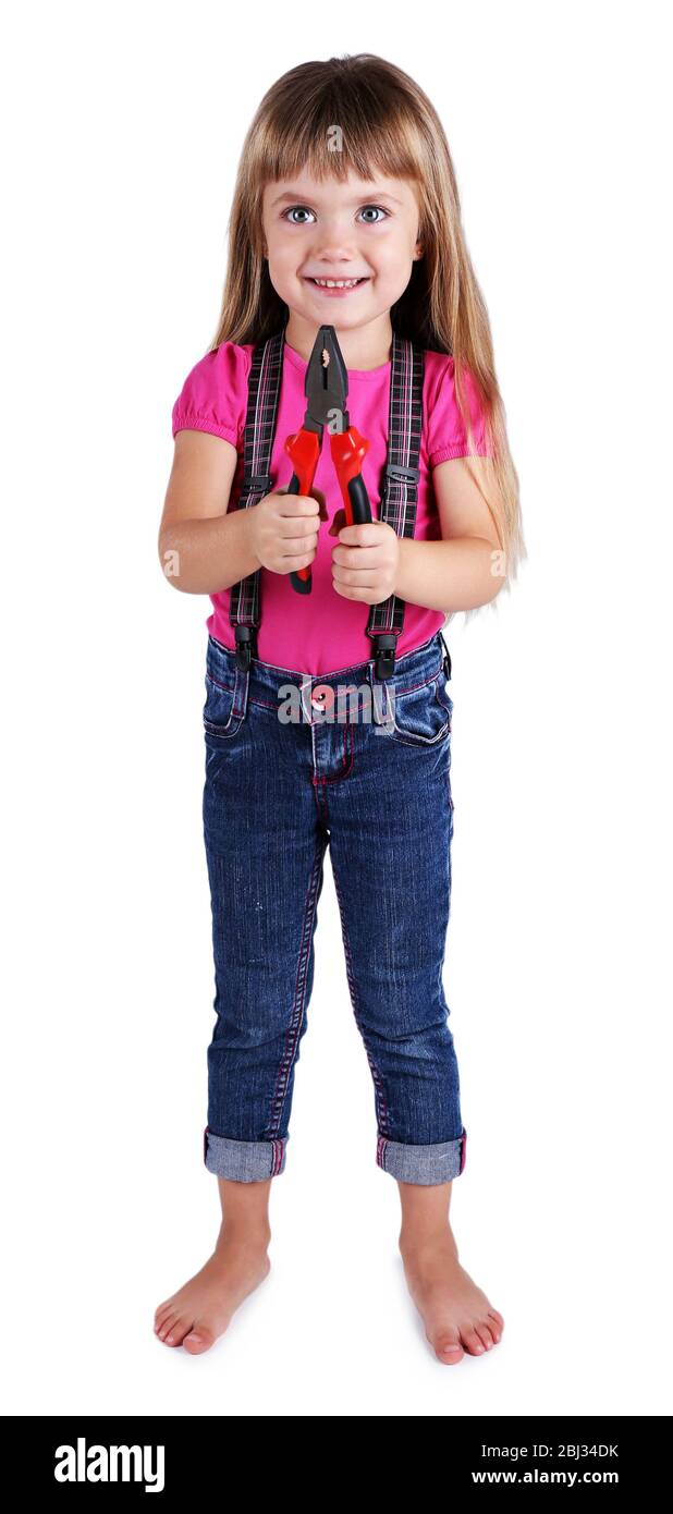 Little girl with toy tools isolated on white Stock Photo - Alamy