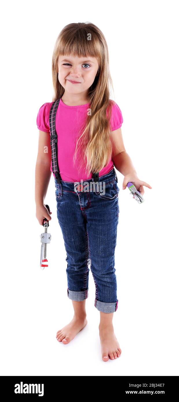 Little girl with toy tools isolated on white Stock Photo - Alamy