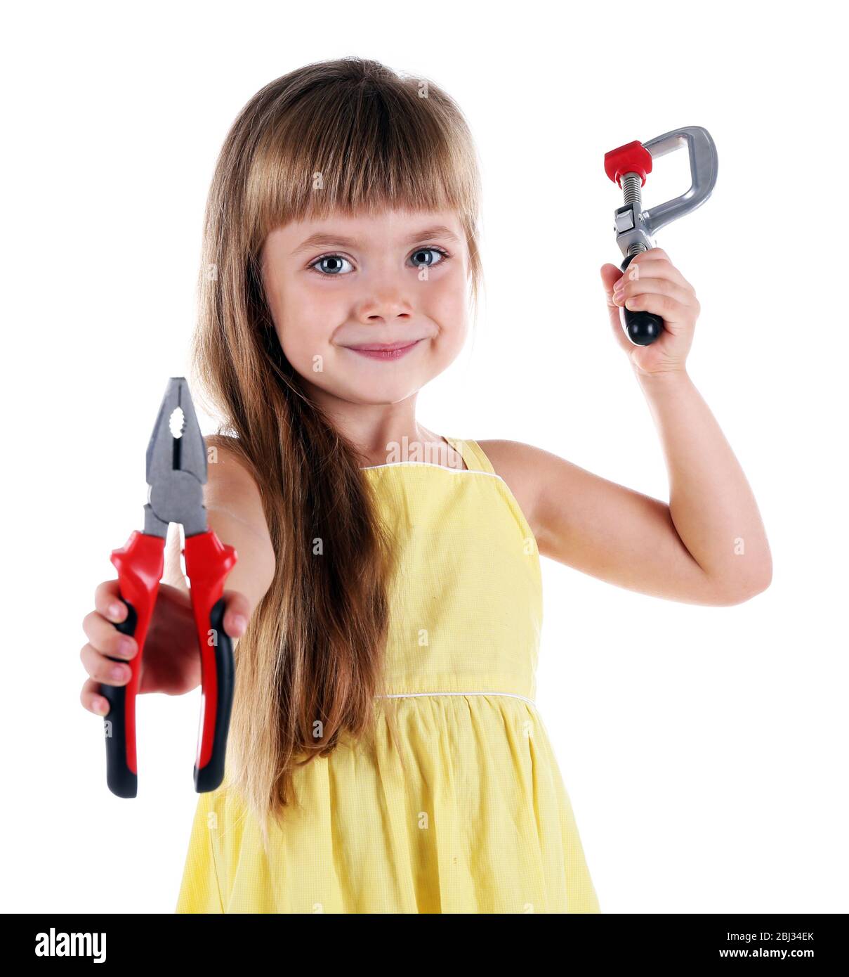 Little girl with toy tools isolated on white Stock Photo - Alamy