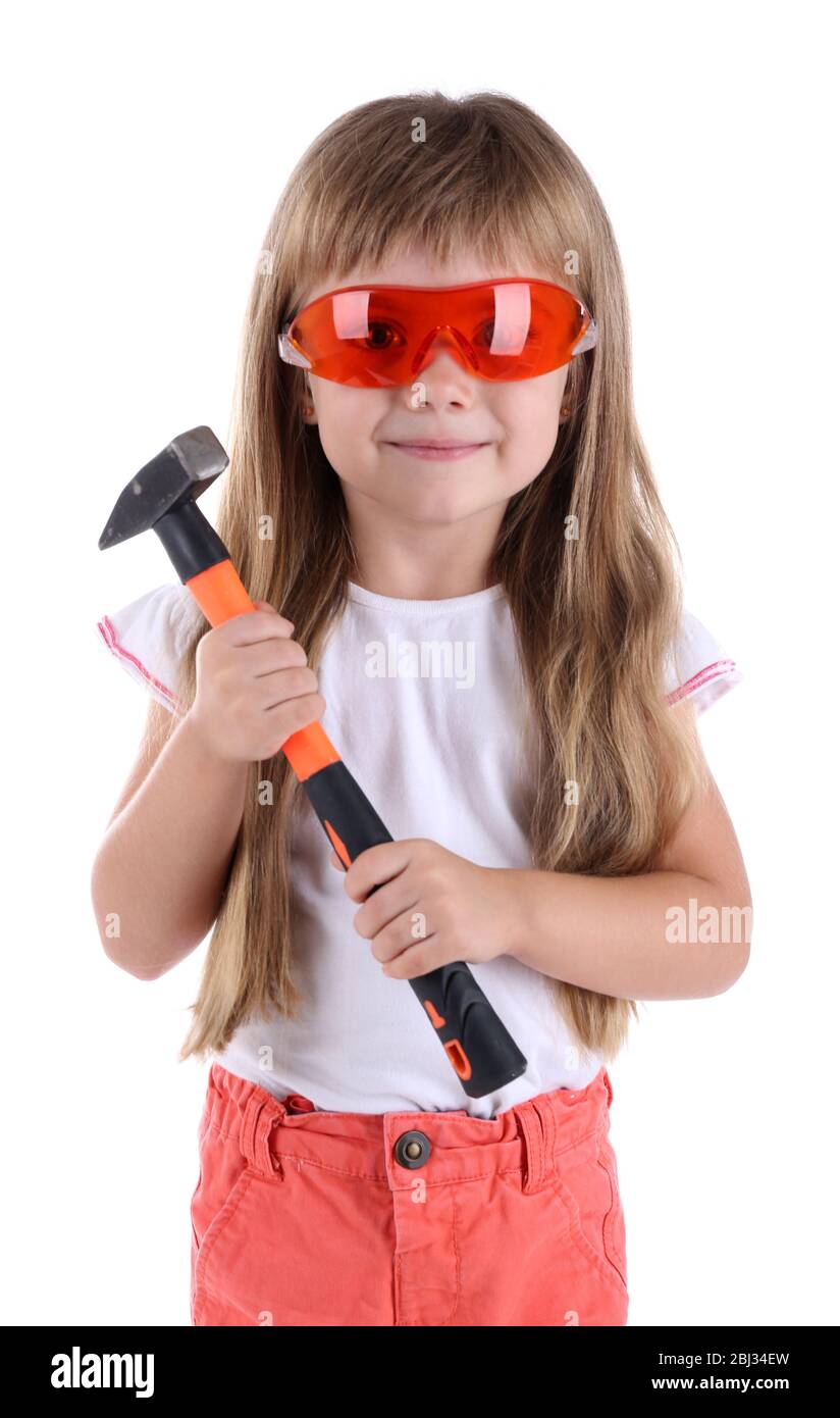 Little girl with toy tools isolated on white Stock Photo - Alamy