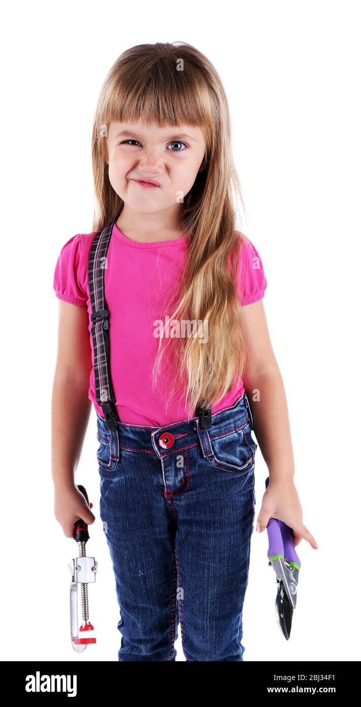 Little girl with toy tools isolated on white Stock Photo - Alamy