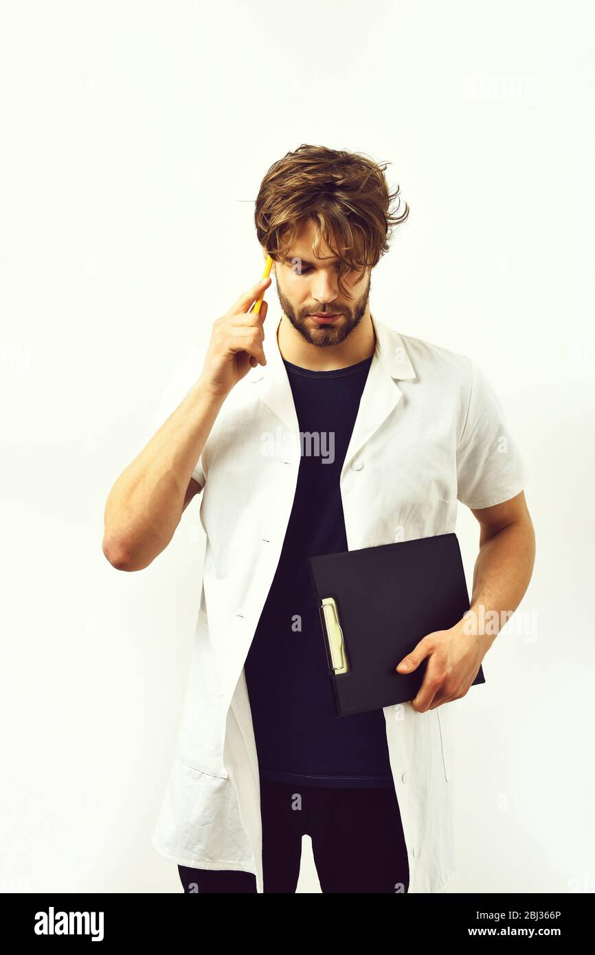 Bearded man, long beard. Brutal caucasian thoughtful doctor or unshaven ...