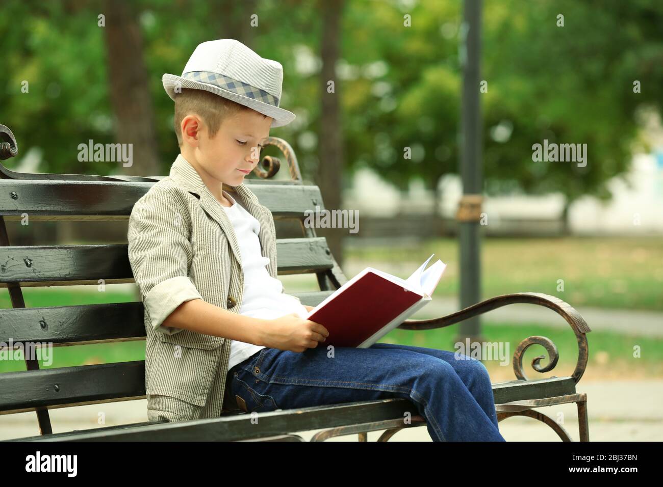 Little boy reading book on bench in the park Stock Photo - Alamy