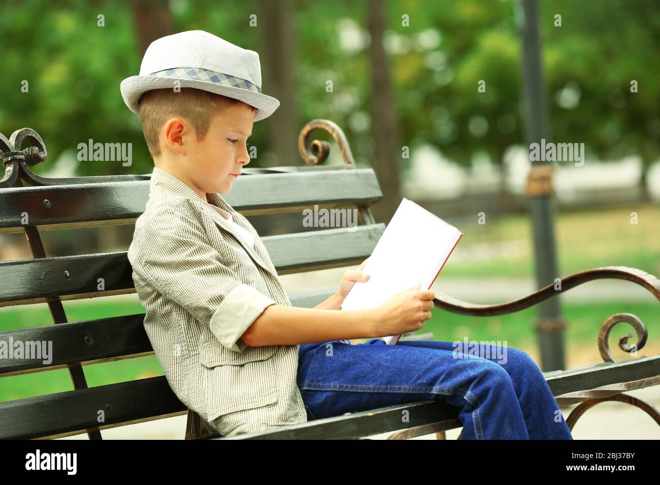 Little boy reading book on bench in the park Stock Photo - Alamy