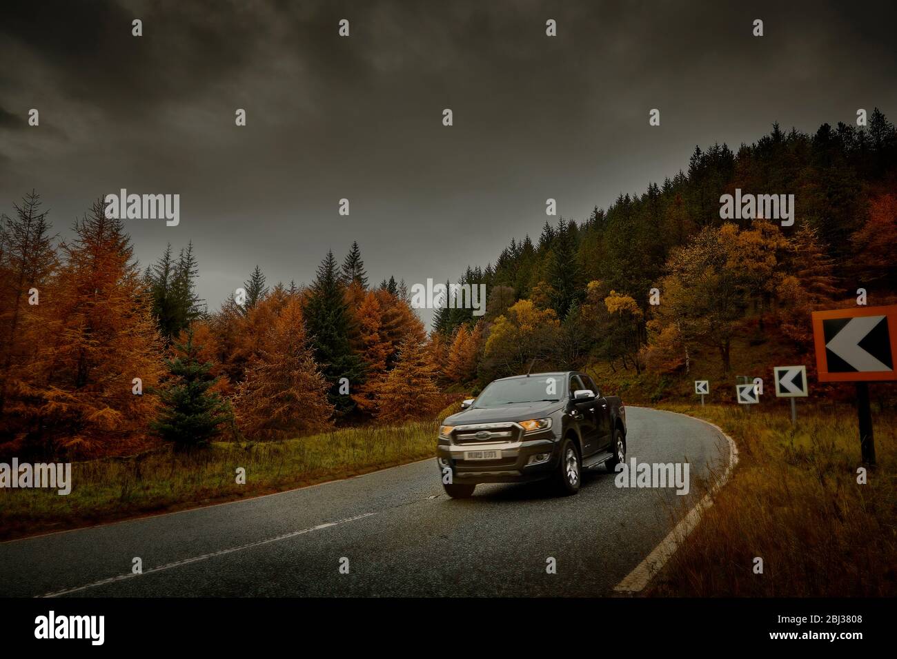 Autumn road in forest with pickup truck Stock Photo - Alamy
