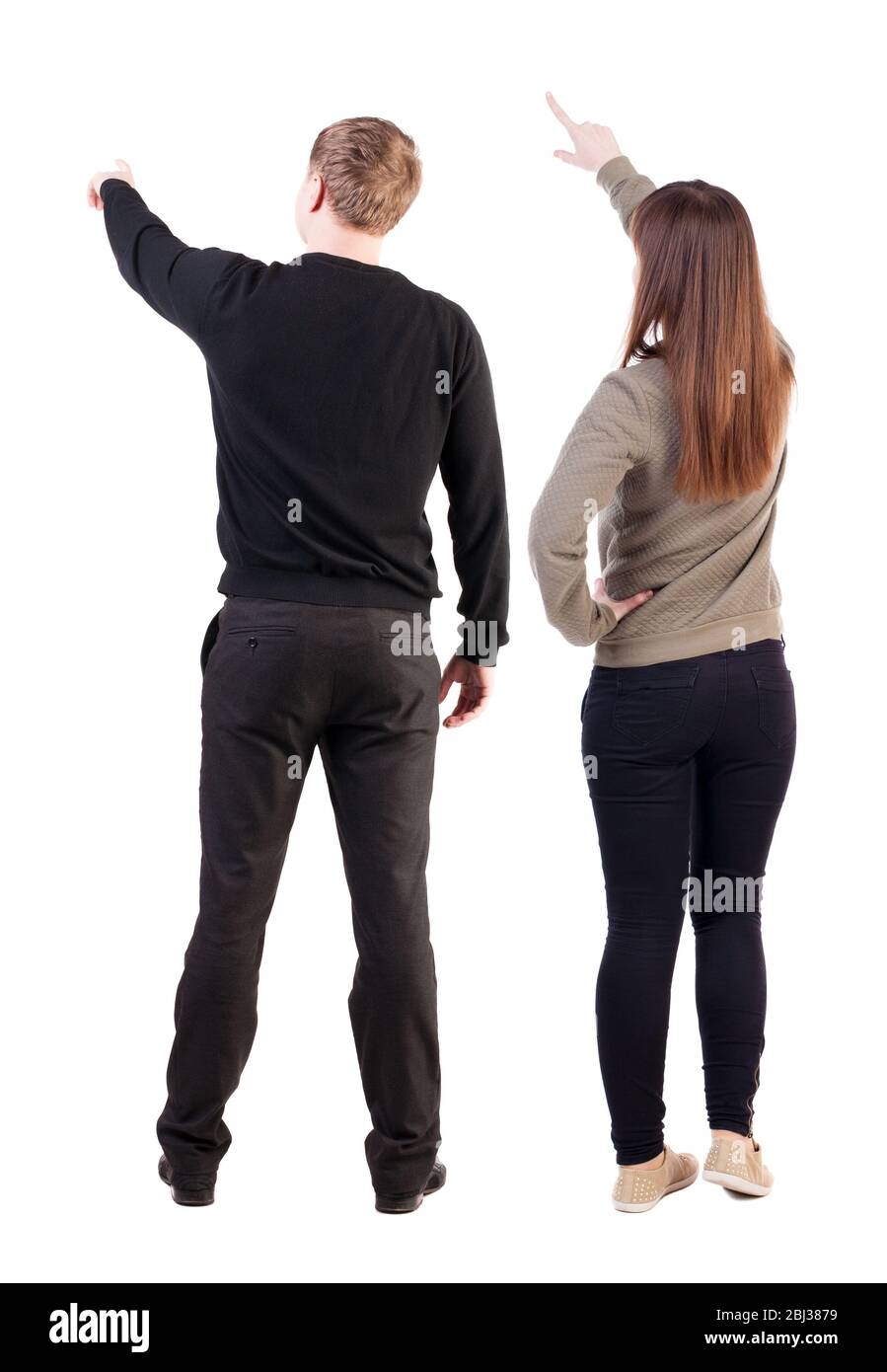 Back view of couple in sweater pointing. Rear view people collection ...