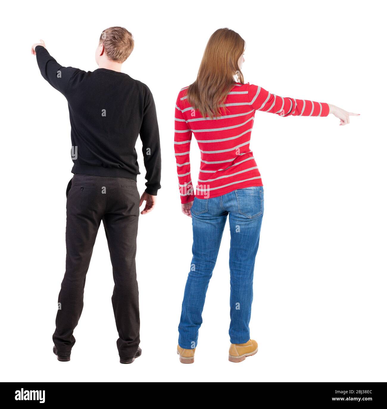 Back view of couple in sweater pointing. Rear view people collection ...