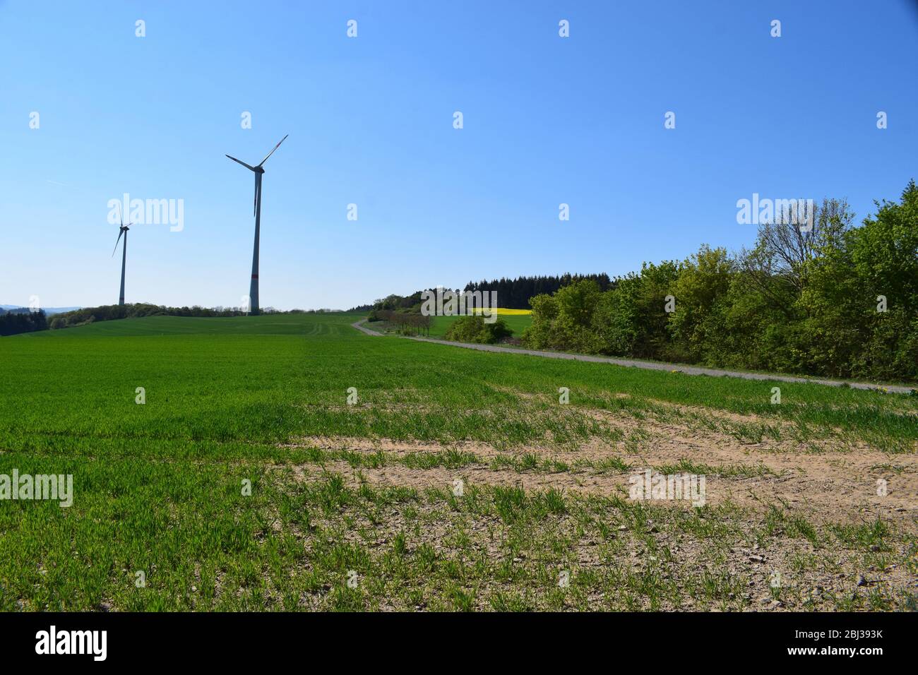 wind energy generation over spring fields Stock Photo - Alamy