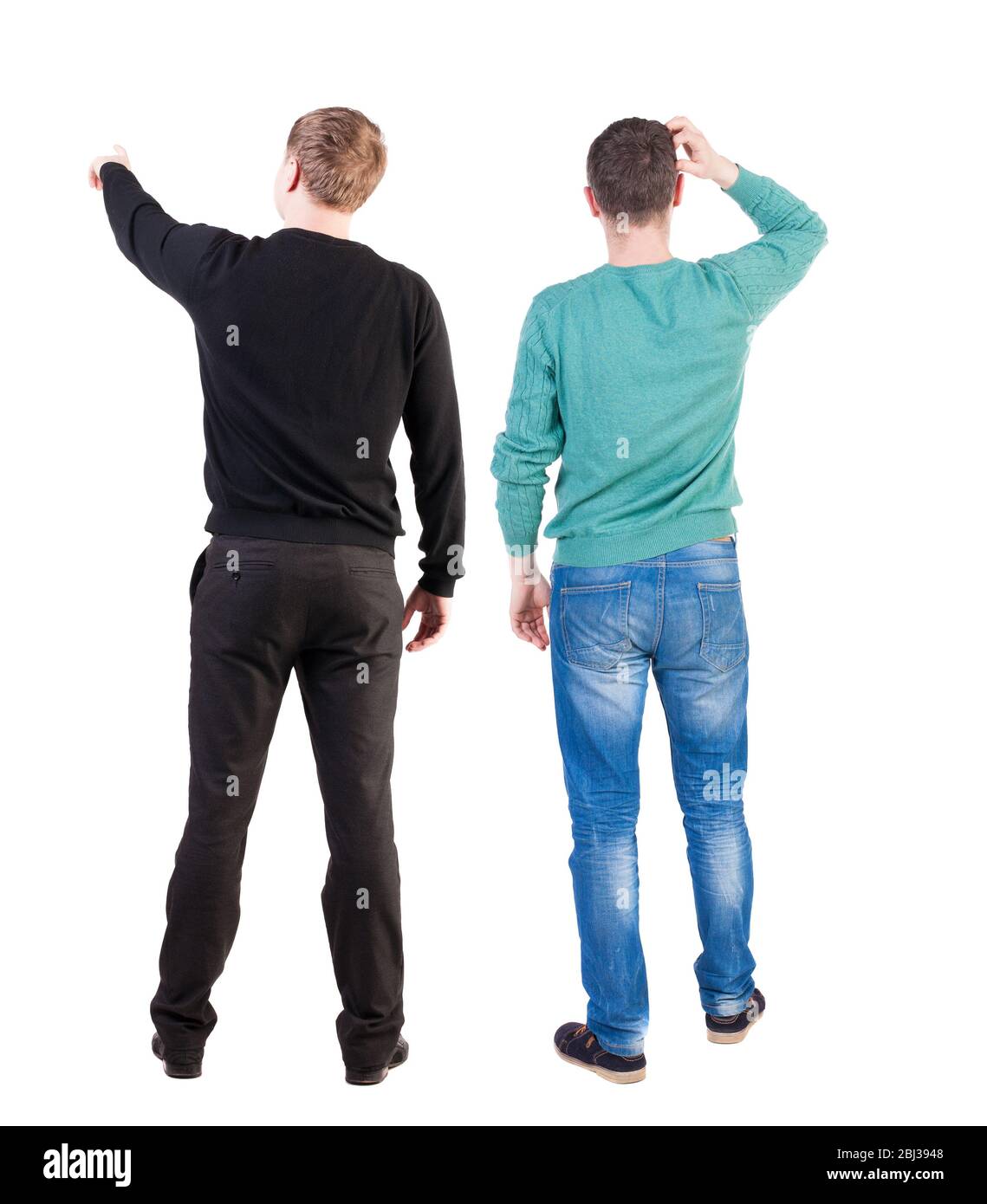 Back view of two man in sweater pointing. Rear view people collection ...