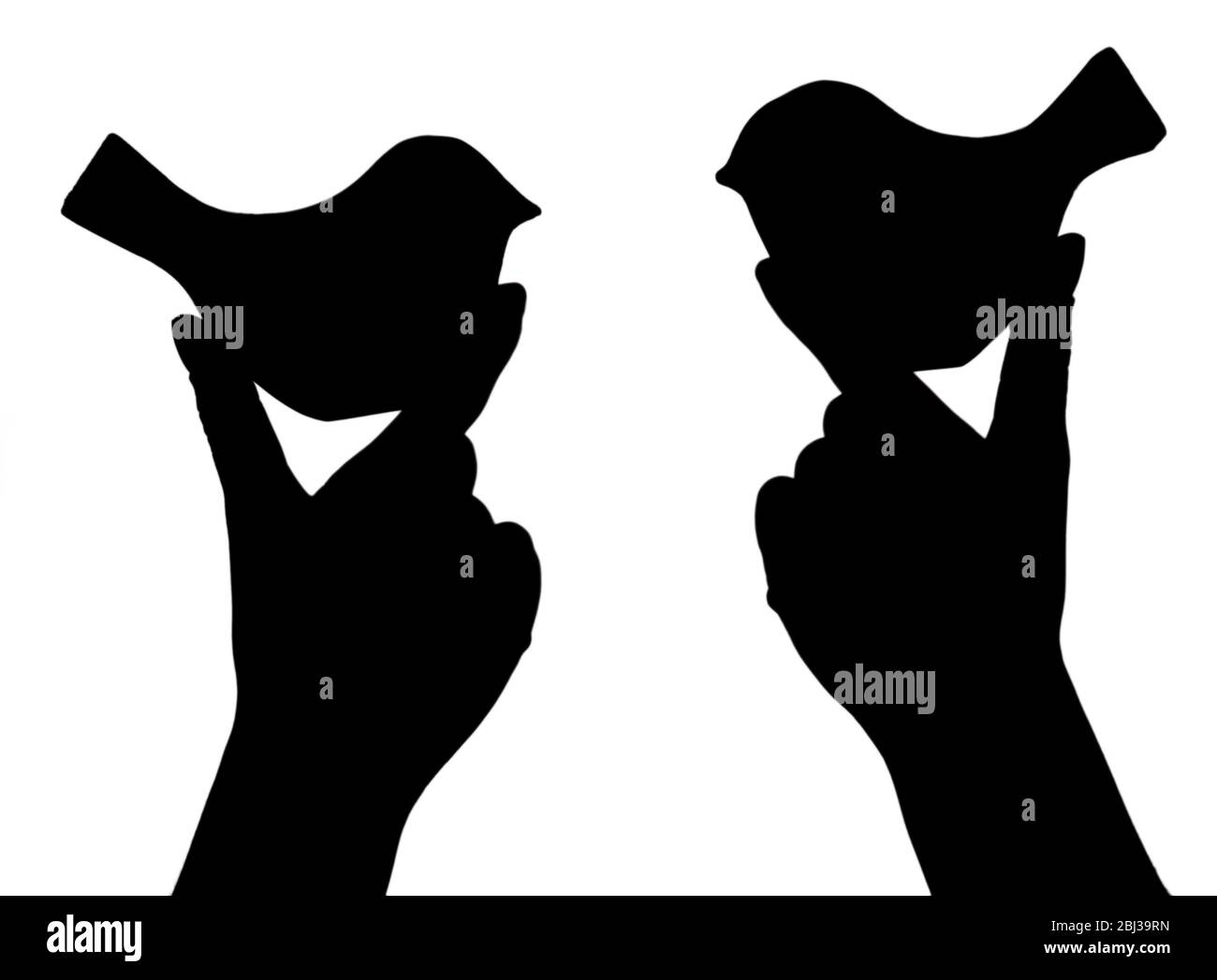 Silhouettes of hands with decorative birds, isolated on white Stock ...