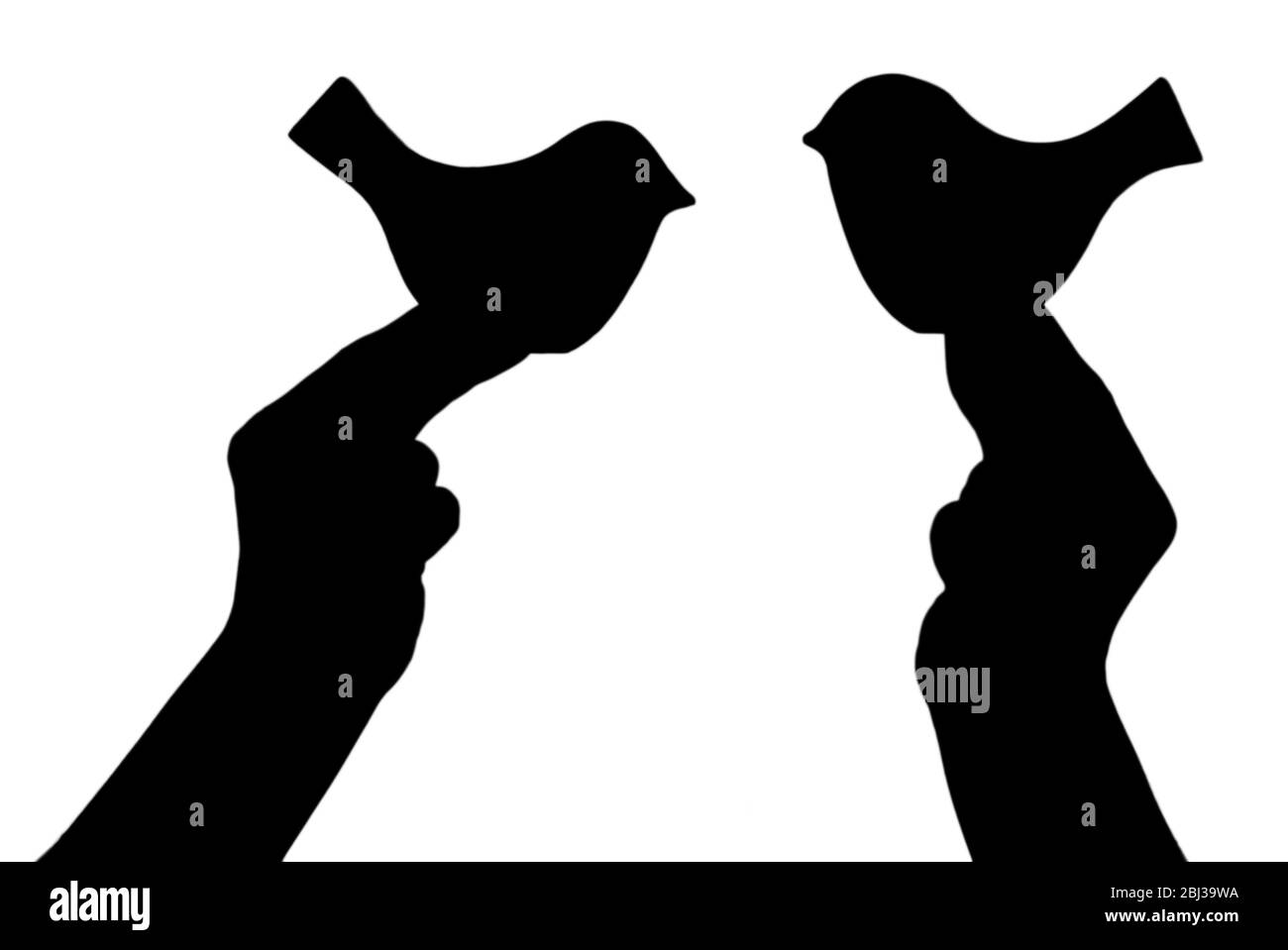 Silhouettes of hands with decorative birds, isolated on white Stock ...