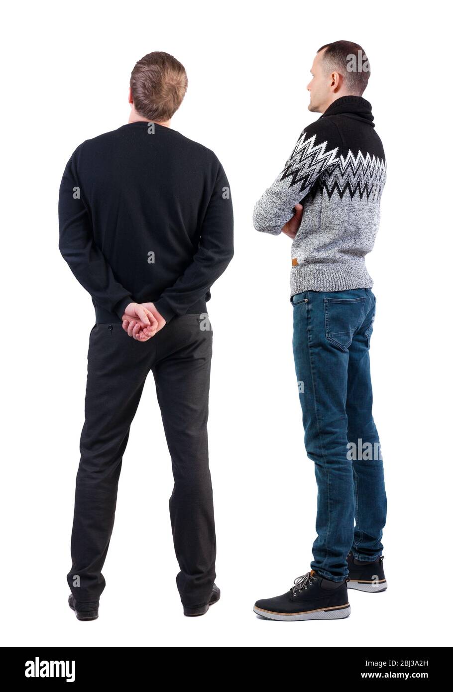 Back view two man in sweater. Rear view people collection. backside ...