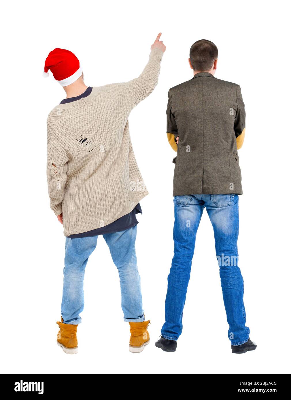 Back view of two man in sweater pointing. Rear view people collection ...