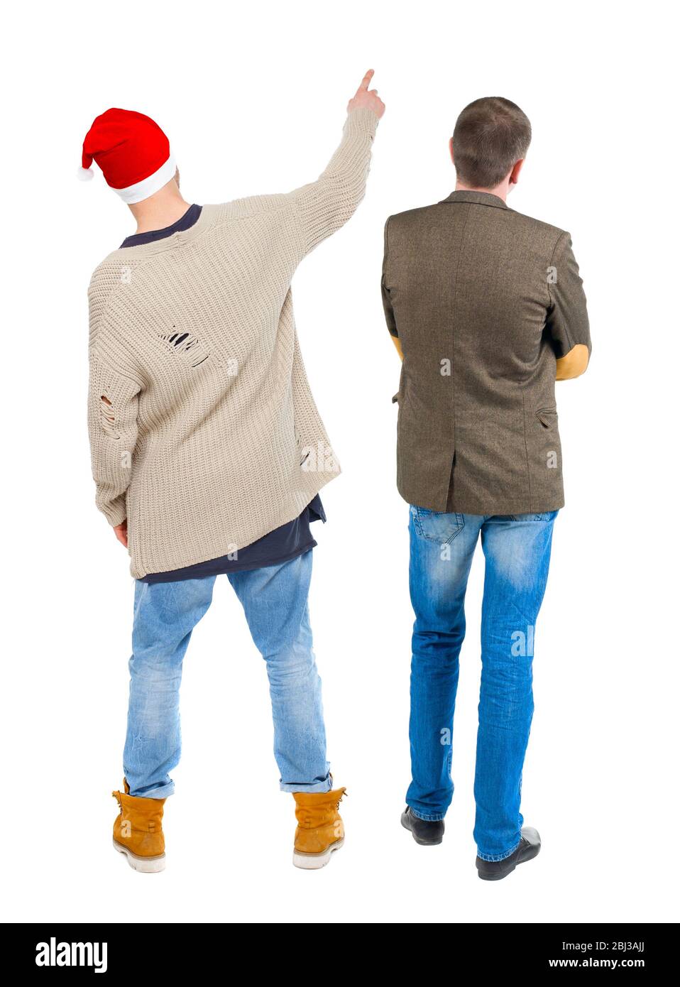 Back view of two man in sweater pointing. Rear view people collection ...