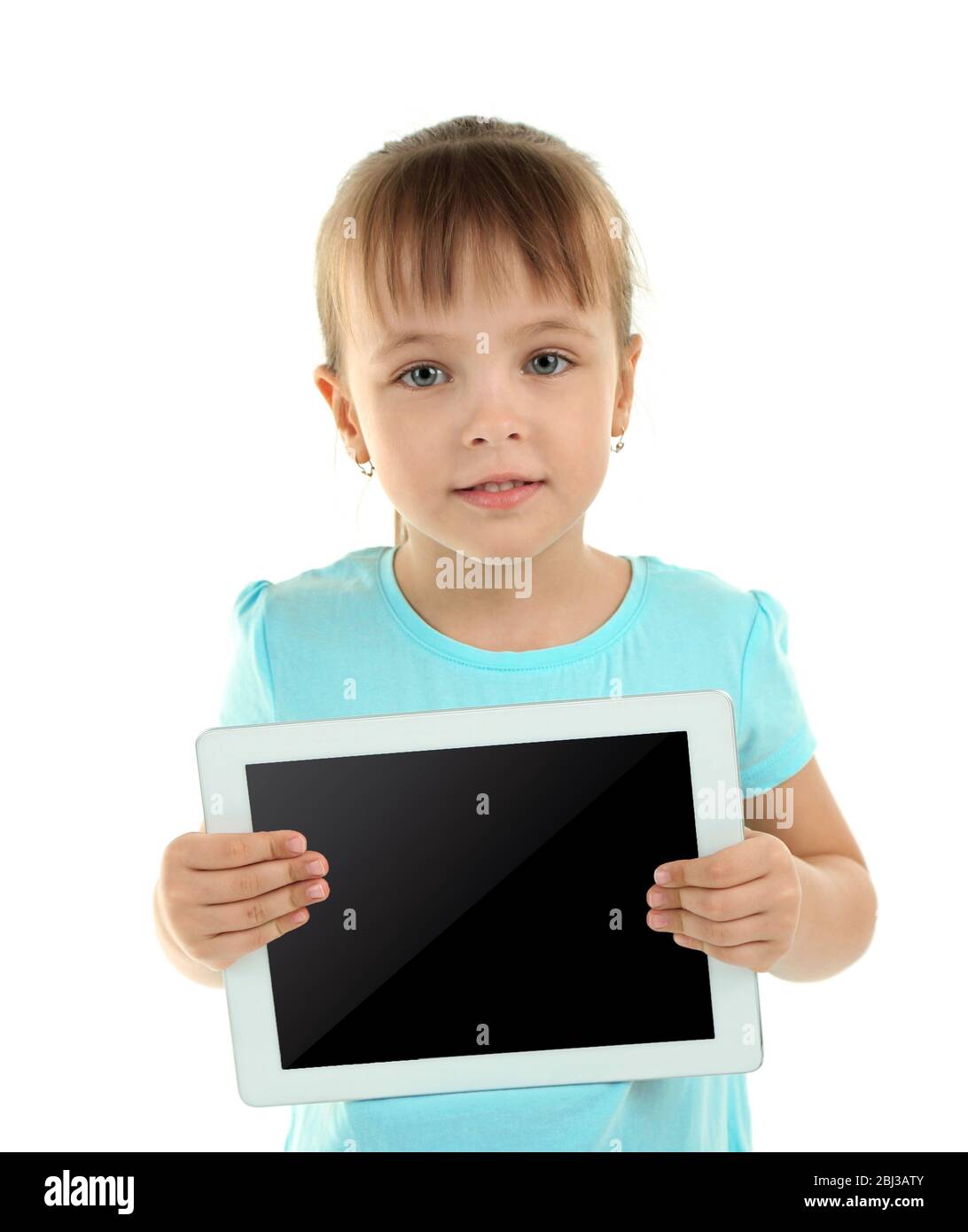 Beautiful little girl with digital tablet, isolated on white Stock ...