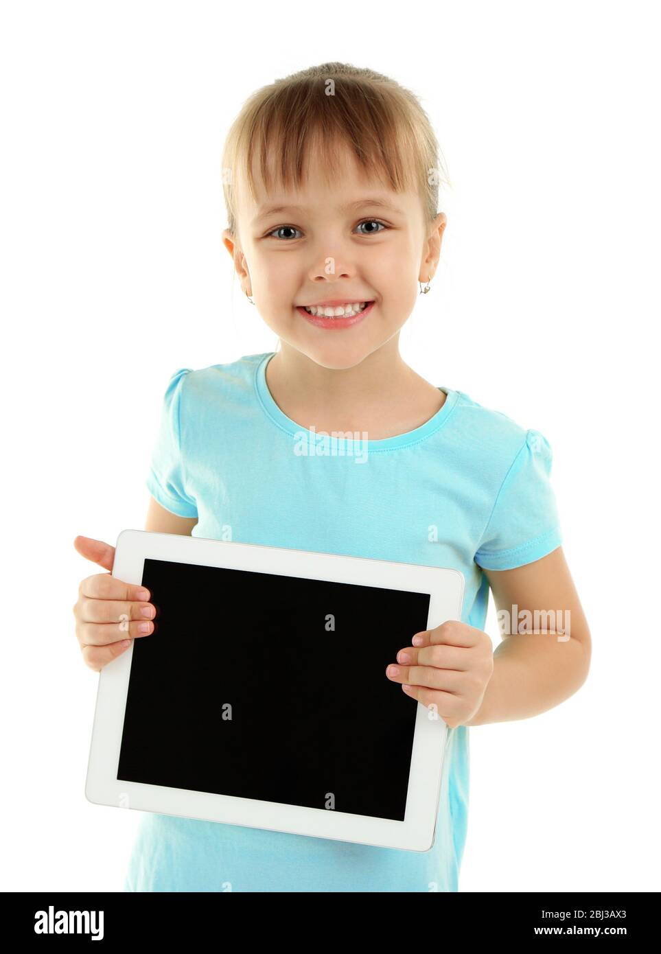 Beautiful little girl with digital tablet, isolated on white Stock ...