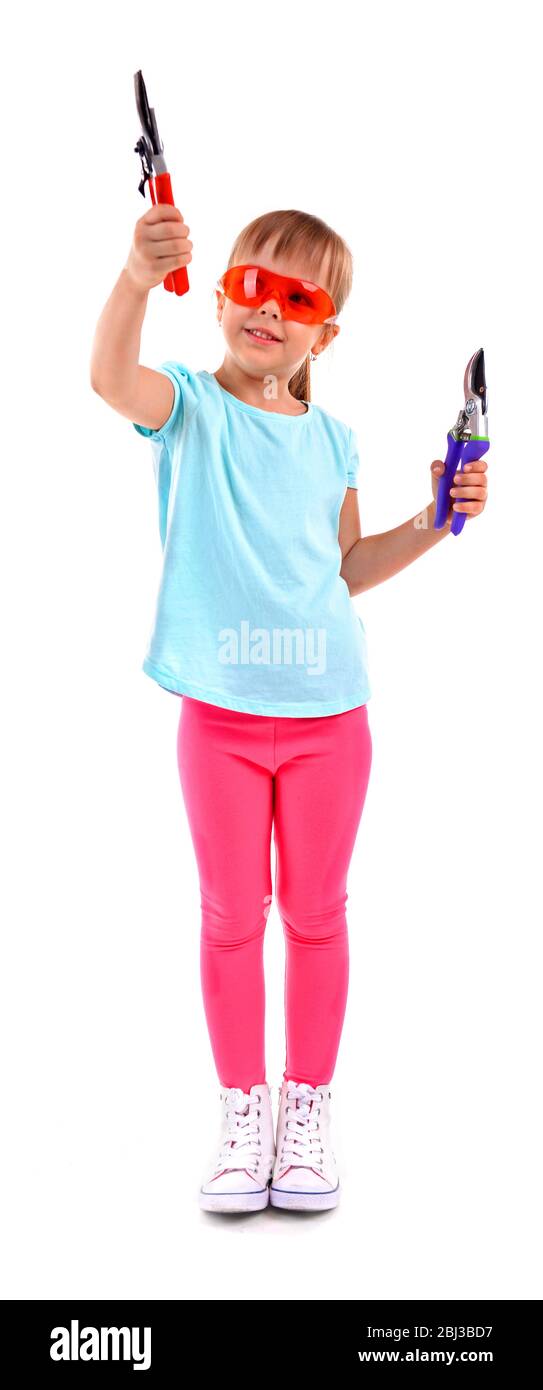 Little girl with tools isolated on white Stock Photo - Alamy