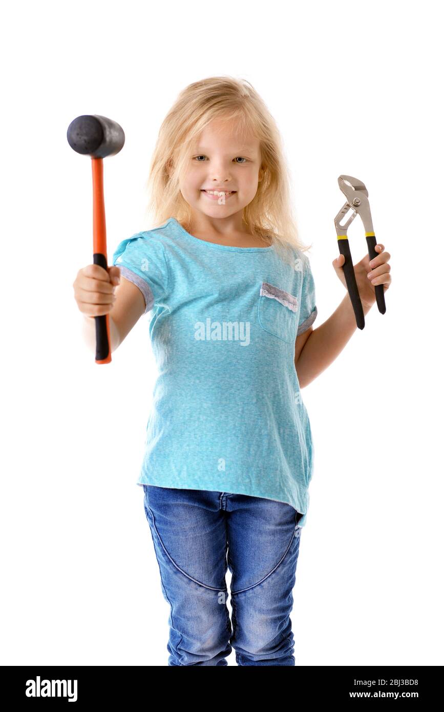 Little girl with tools isolated on white Stock Photo - Alamy