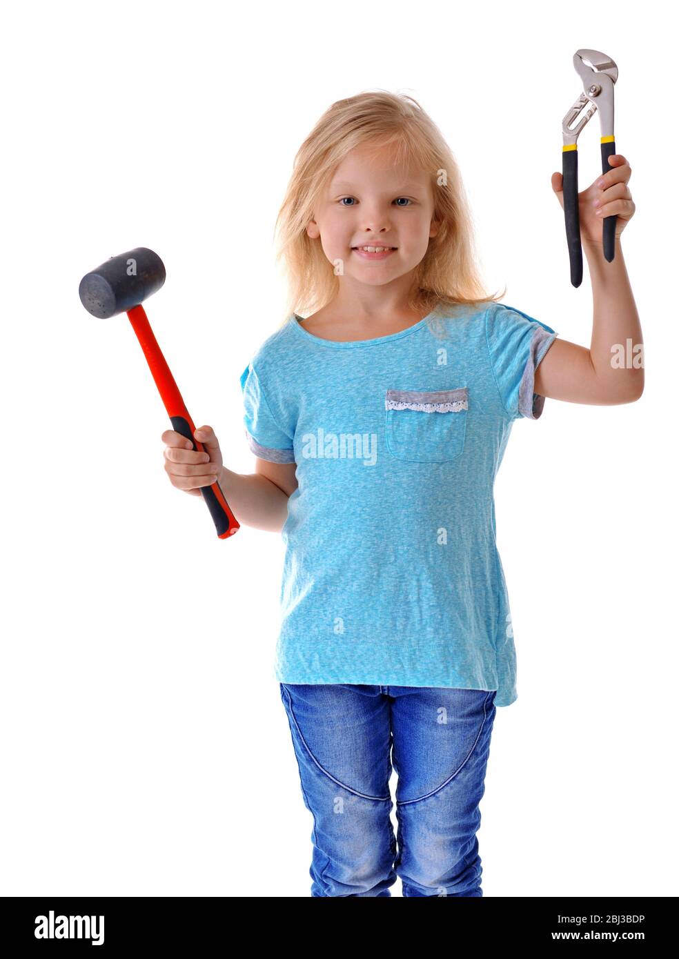 Little girl with tools isolated on white Stock Photo - Alamy