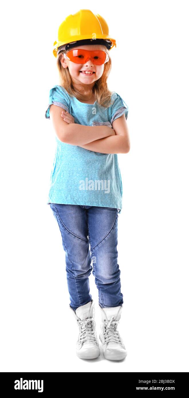 Little girl with tools isolated on white Stock Photo - Alamy