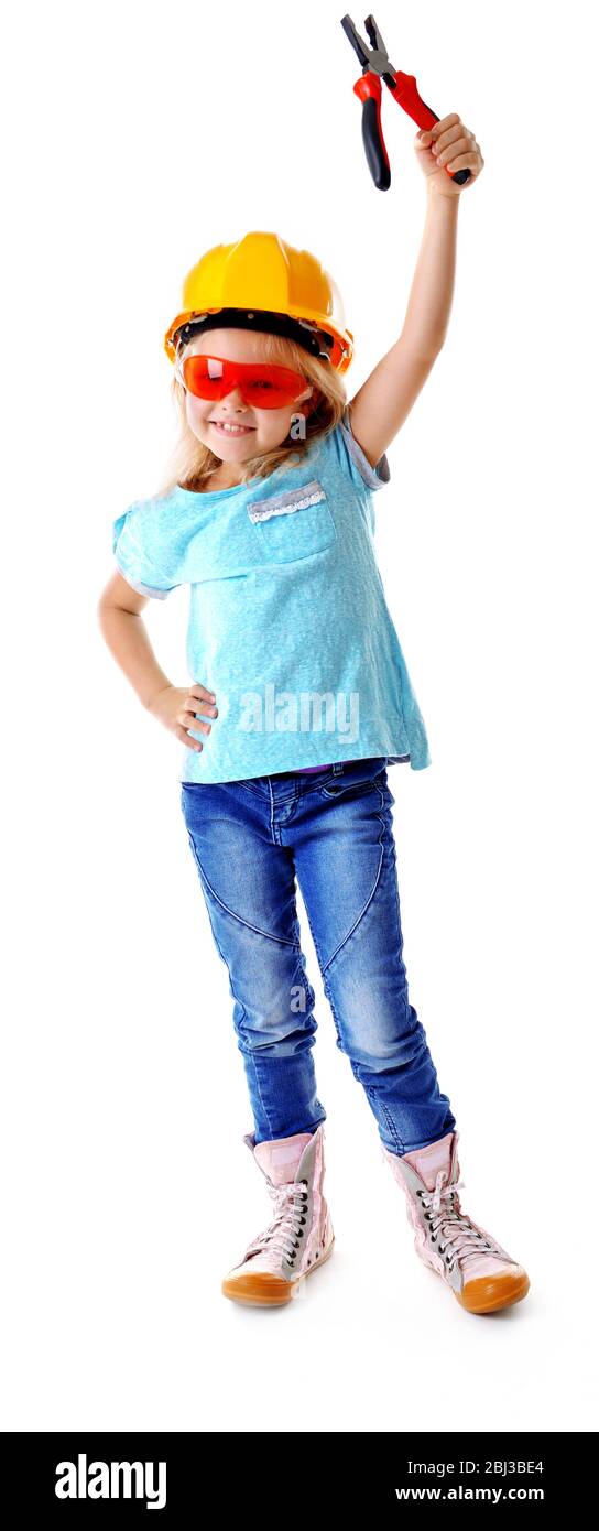 Little girl with tools isolated on white Stock Photo - Alamy