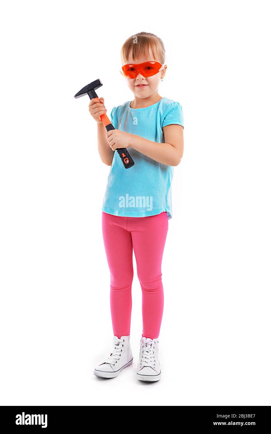 Little girl with tools isolated on white Stock Photo - Alamy