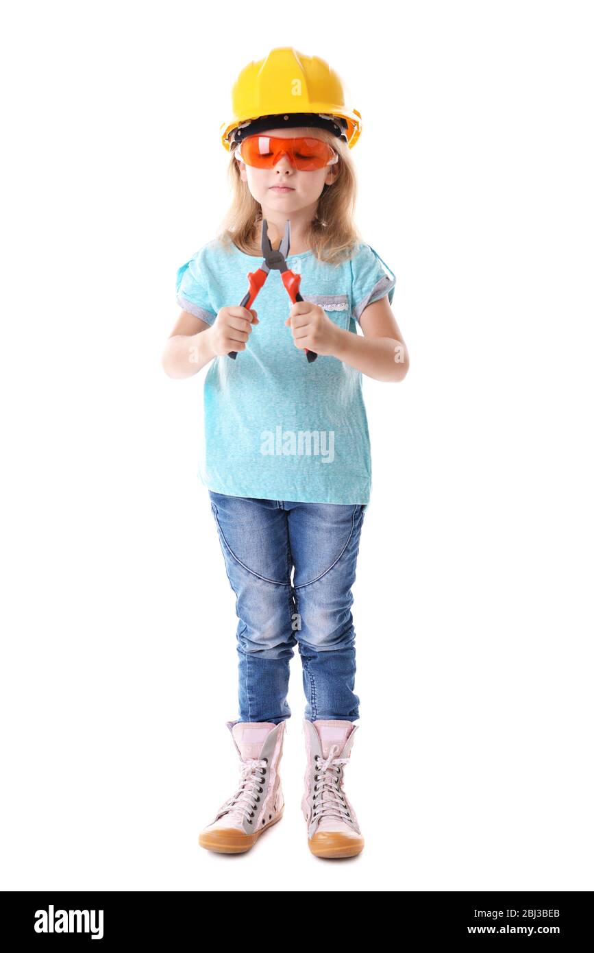 Little girl with tools isolated on white Stock Photo - Alamy