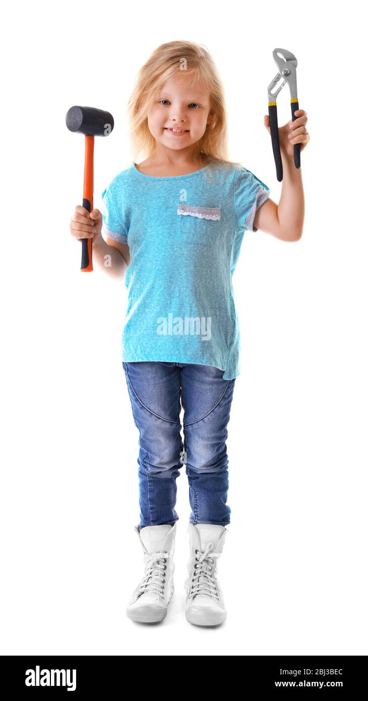 Little girl with tools isolated on white Stock Photo - Alamy