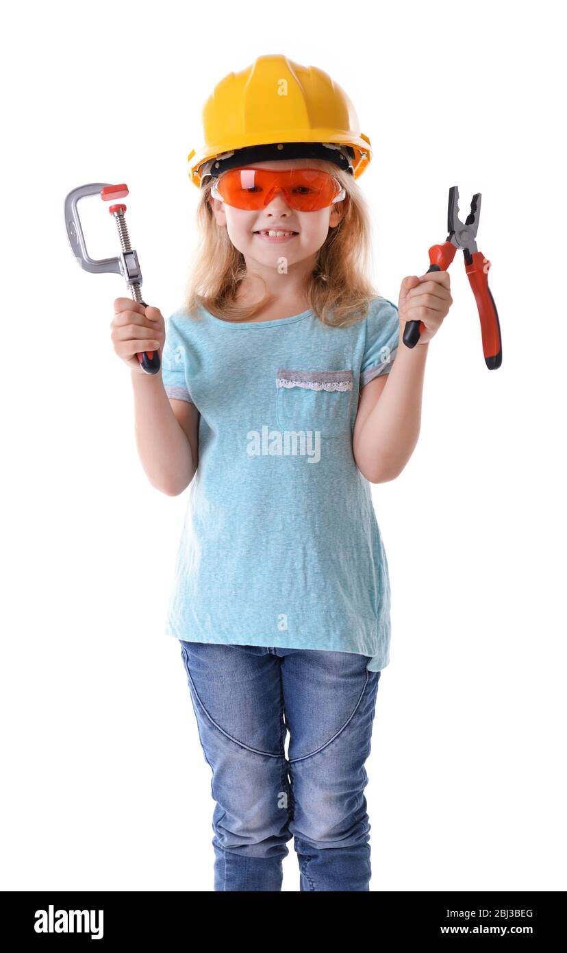 Little girl with tools isolated on white Stock Photo - Alamy