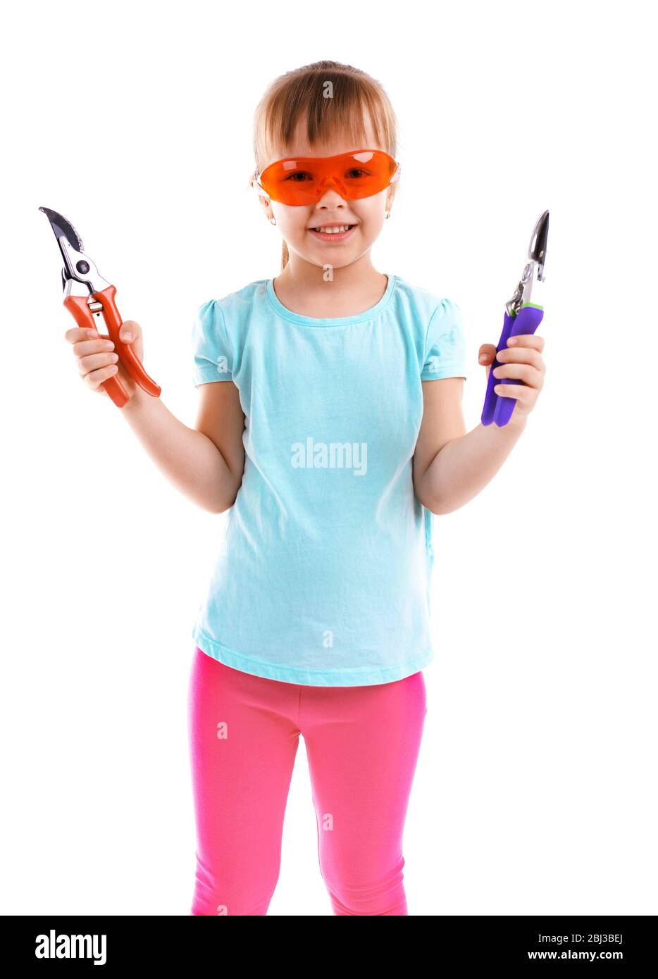 Little girl with tools isolated on white Stock Photo - Alamy