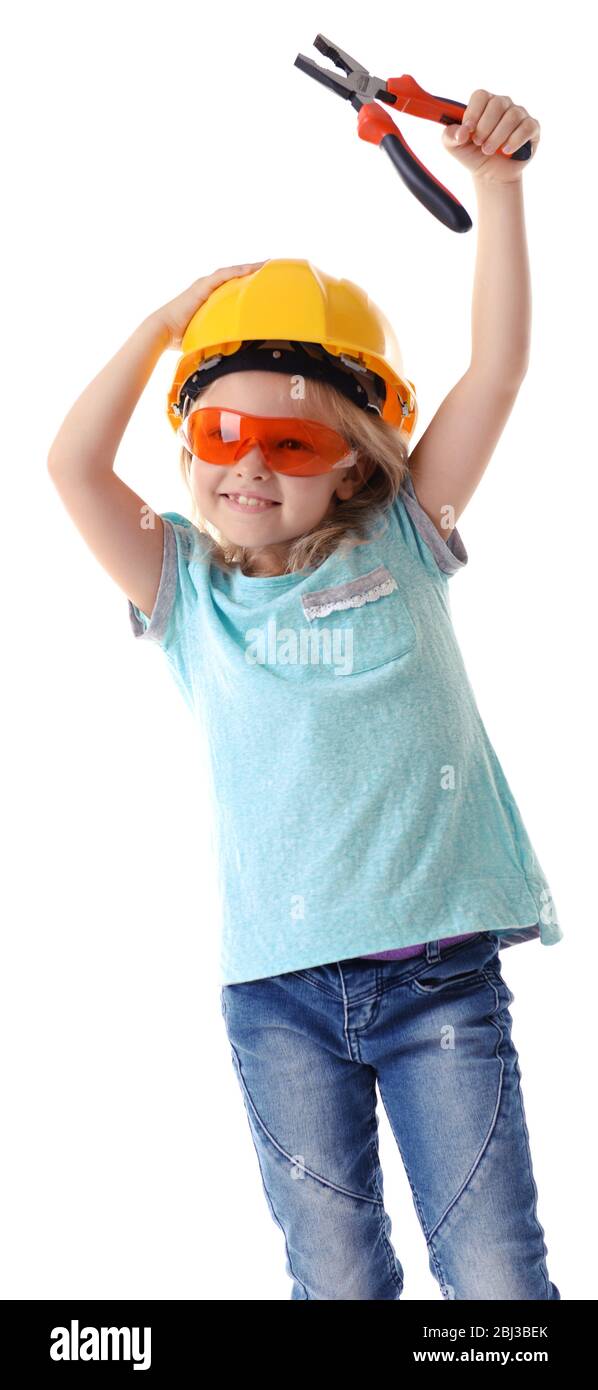Little girl with tools isolated on white Stock Photo - Alamy