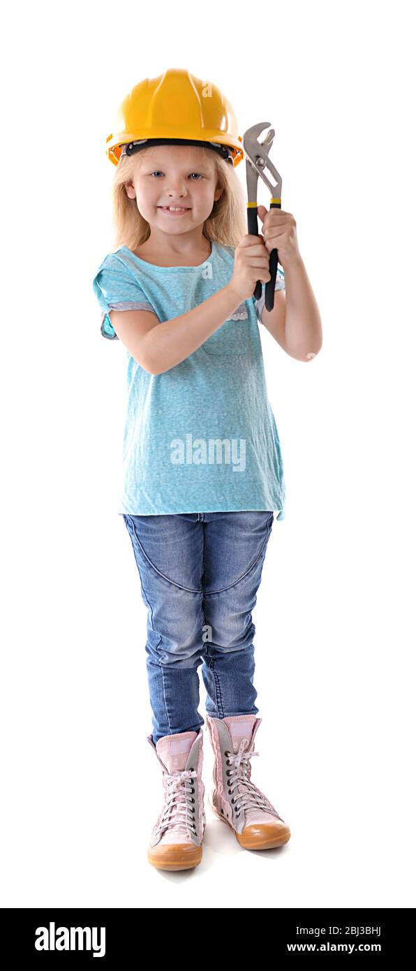 Little girl with tools isolated on white Stock Photo - Alamy