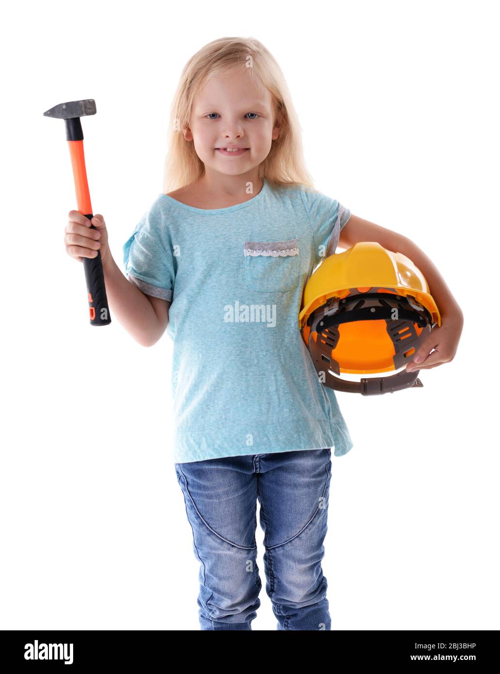 Little girl with tools isolated on white Stock Photo - Alamy