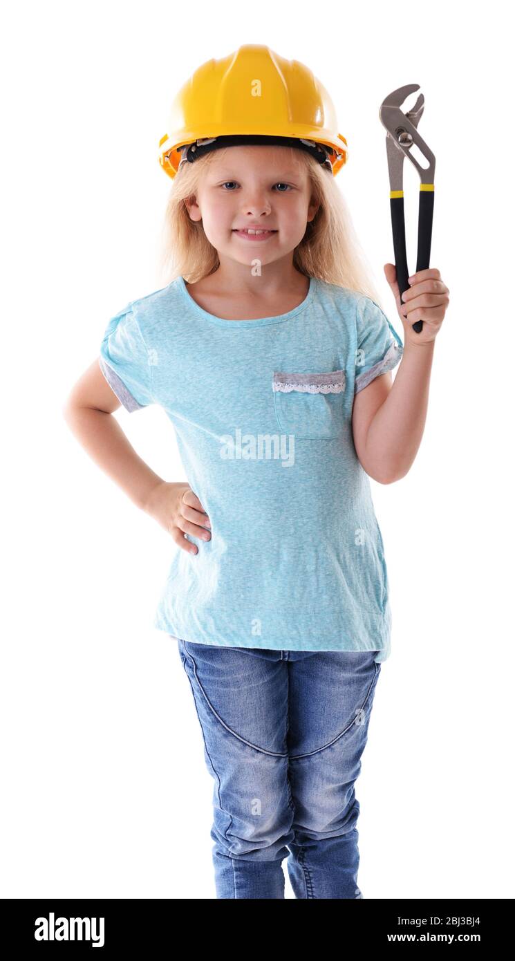 Little girl with tools isolated on white Stock Photo - Alamy
