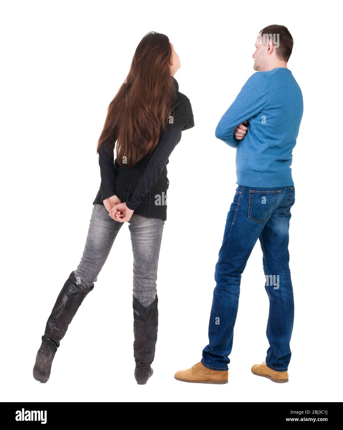 Back view couple in sweater. beautiful man and woman. Rear view people ...