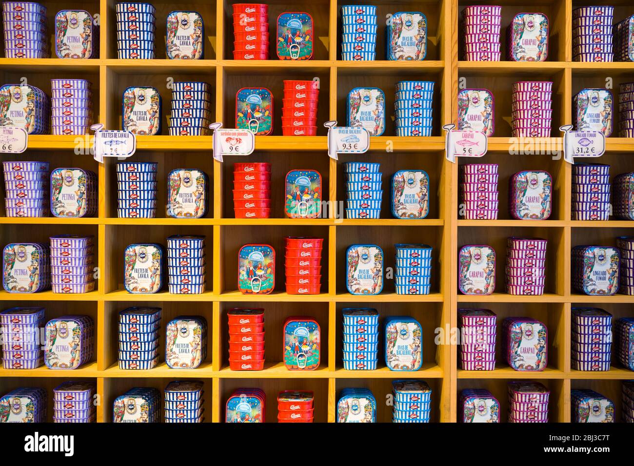 Traditional canned fish mackerel, tuna, sardines, cod roe, stacked on ...